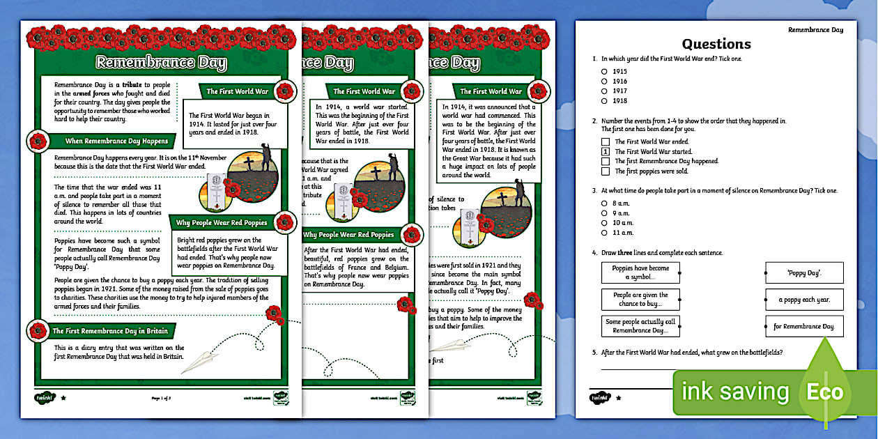 LKS2 Remembrance Day Differentiated Reading Comprehension
