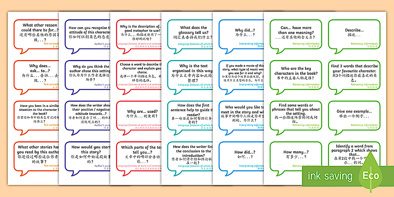 Guided Reading Question Cards English/Mandarin Chinese - AF Guided Reading