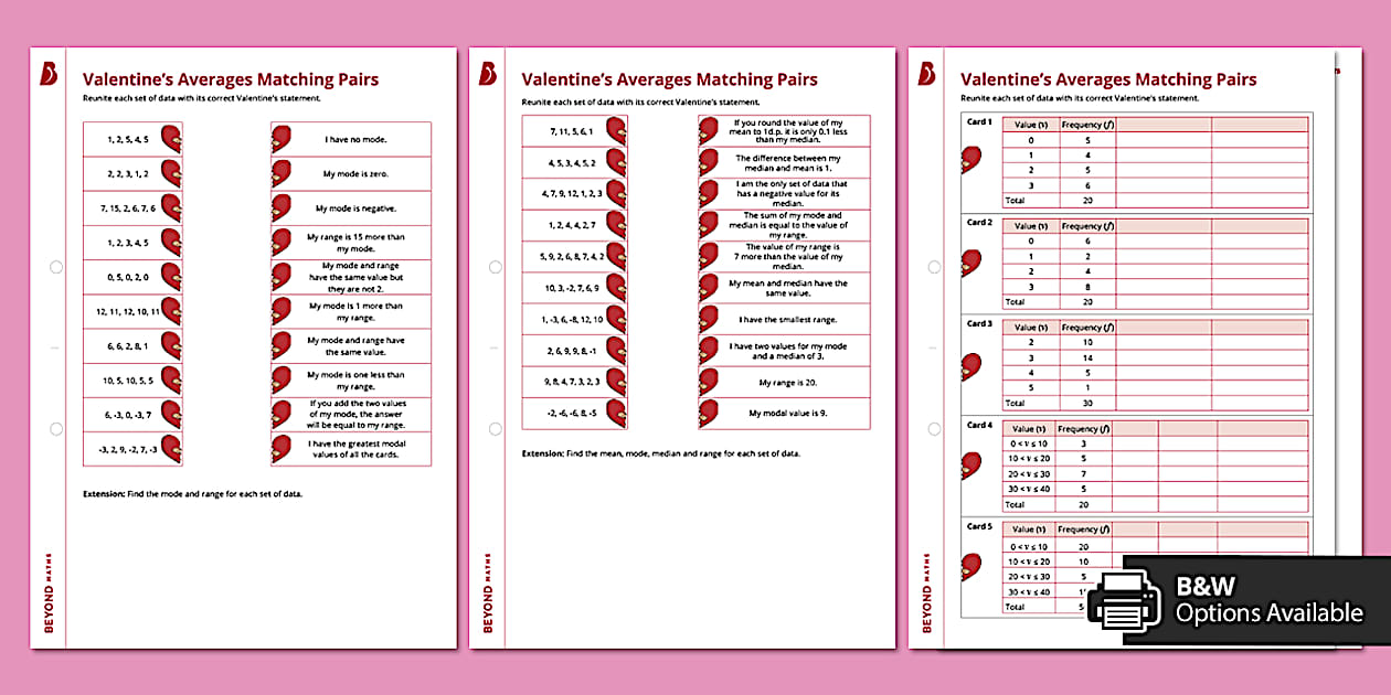 Valentine's Averages Matching Pairs Differentiated Worksheet / Worksheets