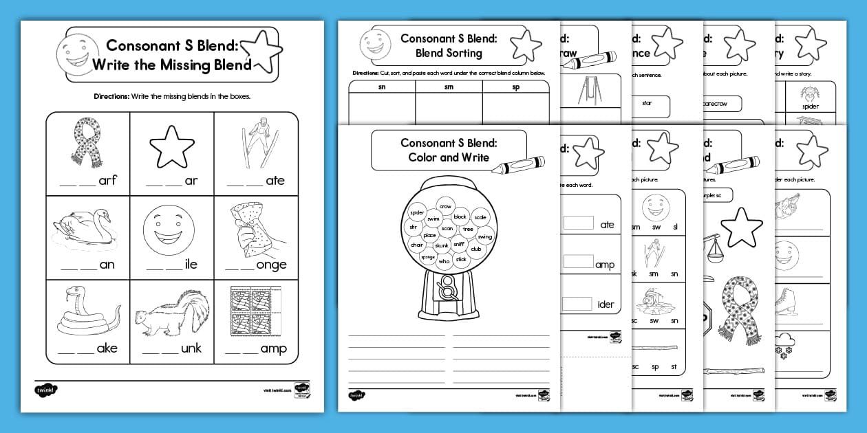 Beginning Consonant S Blend Worksheets for K-1st Grade