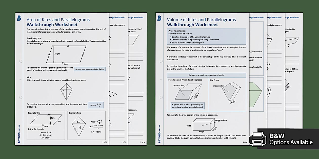 Area and Volume of Kites and Parallelogram Prisms Worksheet