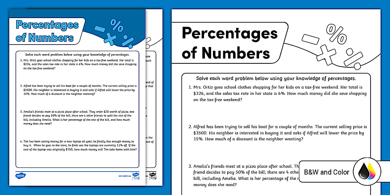 Seventh Grade Percentages of Numbers Worksheet - Twinkl