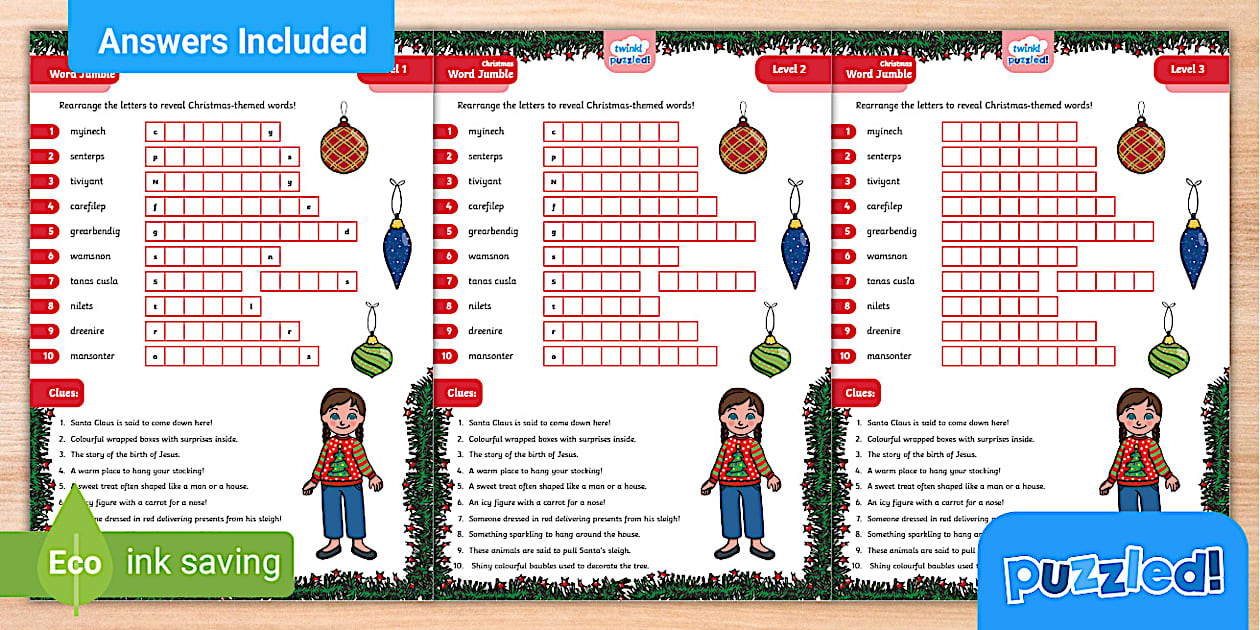 Fun Christmas Puzzle Pack - Twinkl Puzzled - word jumble