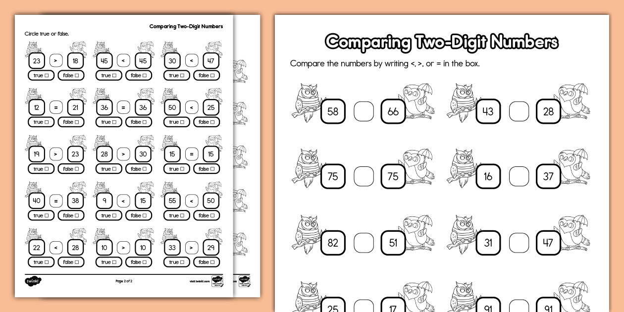 First Grade Comparing Two-Digit Numbers Worksheet - Twinkl