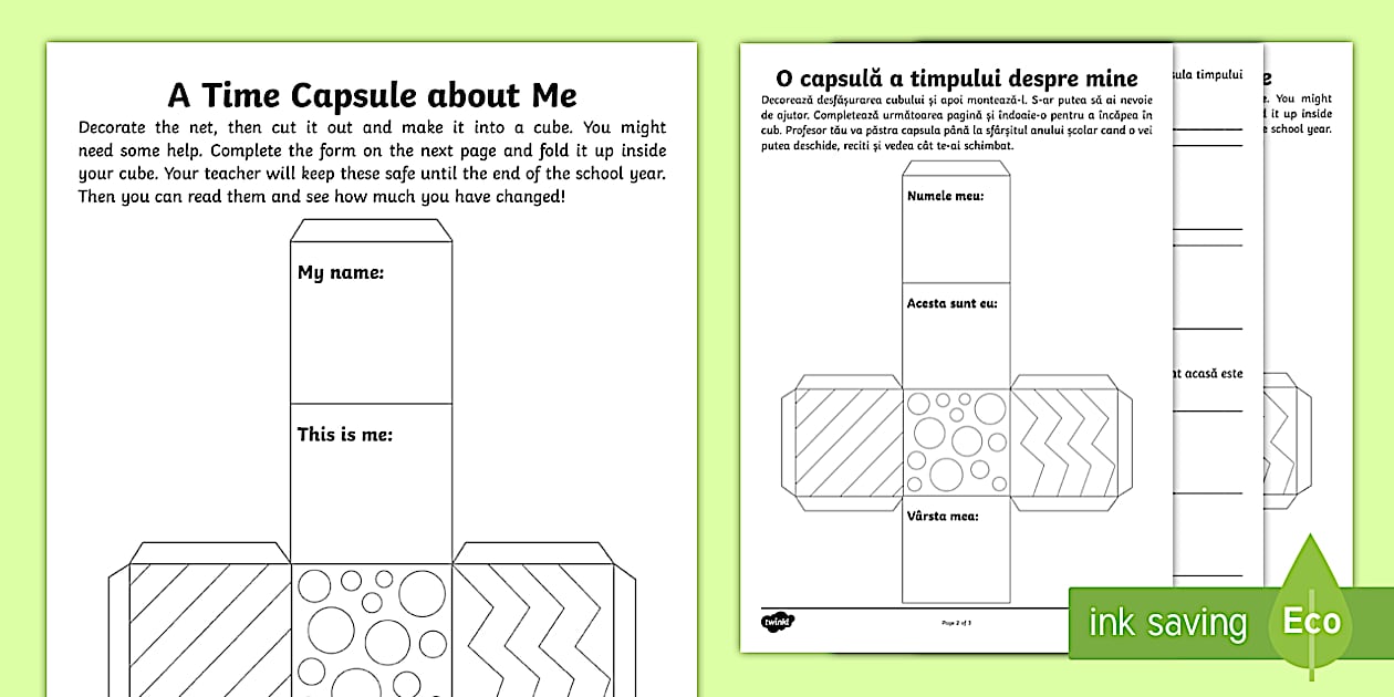 KS1 A Time Capsule about Me Worksheet English/Romanian