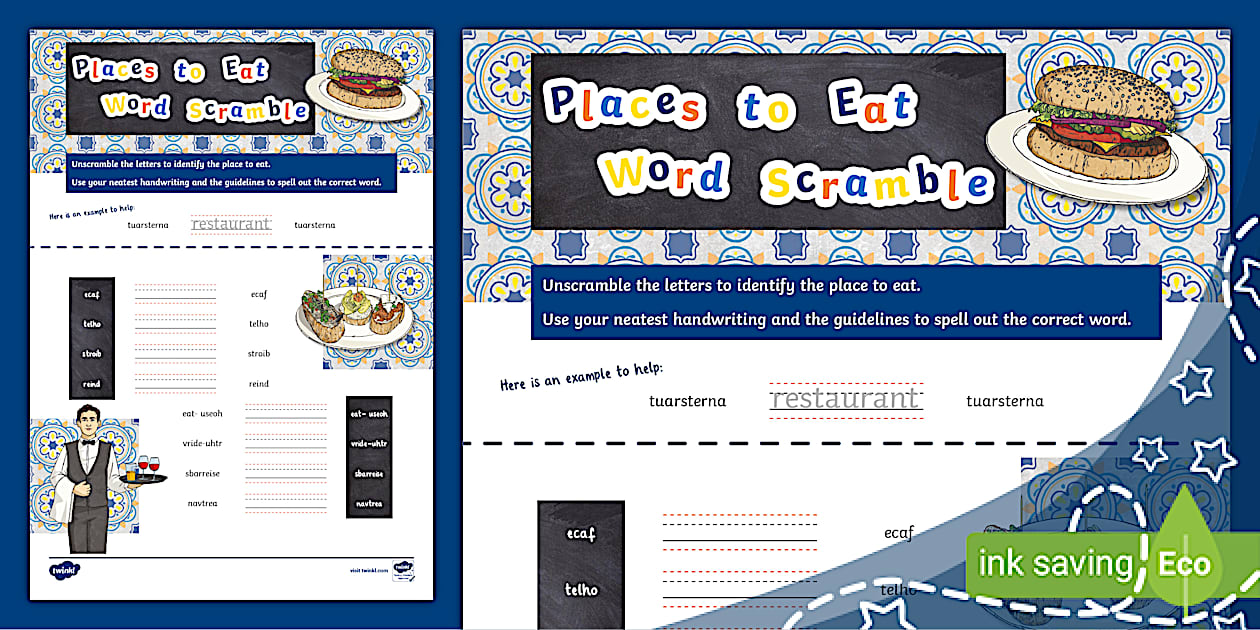Food-Themed Handwriting Practice - Places to Eat Word Scramble