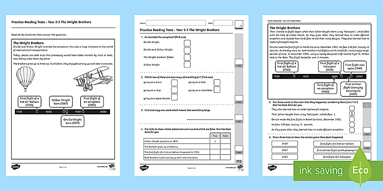 Practice Reading Tests Year 2 & 3 The Wright Brothers Activity Booklet