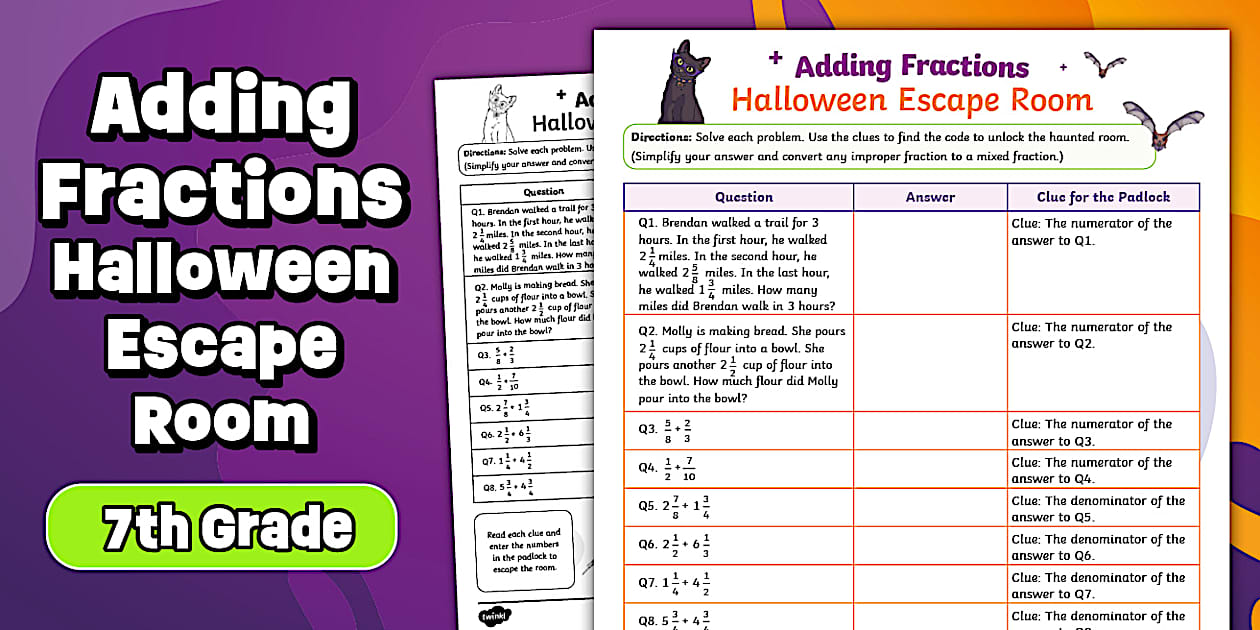 Adding Fractions Escape Room Worksheet