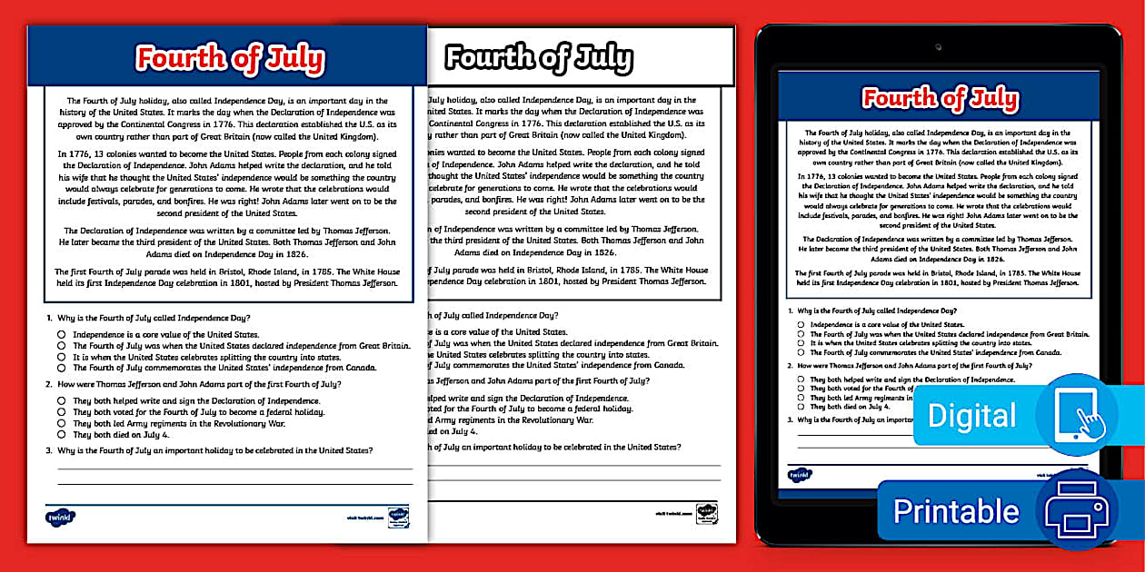 4th of July Reading Comprehension Worksheet | Twinkl USA