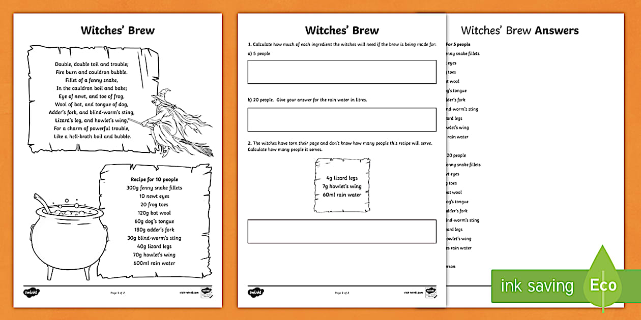 KS2 Maths Halloween: Witches' Brew Worksheet - - Twinkl