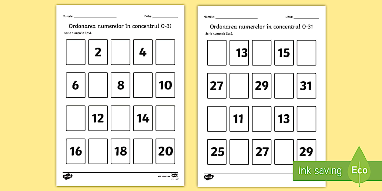 0-31: Numerele lipsă - Fișă de lucru cu completare digitală