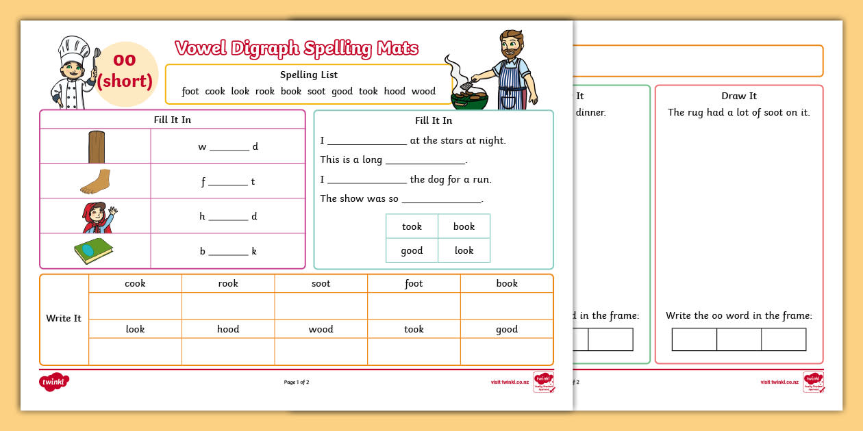 Vowel Digraph Spelling Mats - oo (short) - Twinkl