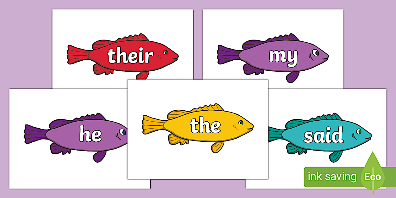 Editable Coloured Phase 2 to 5 Tricky Words on Fish - Twinkl