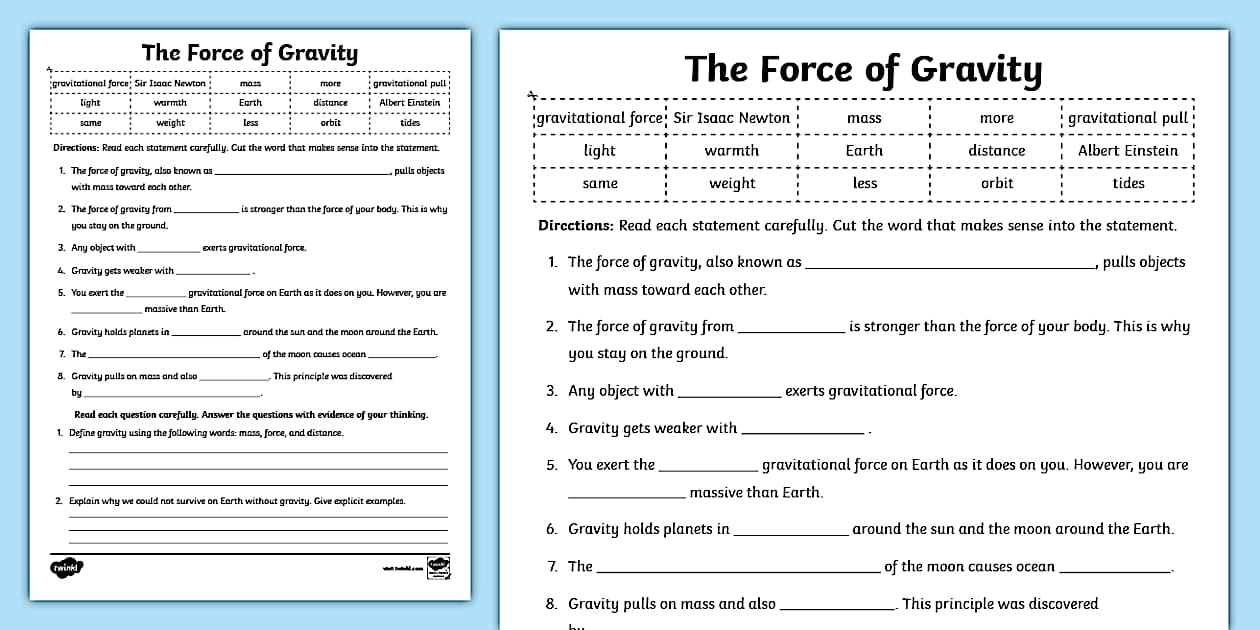 Gravity Worksheet Middle School PDF | Resource | Twinkl USA