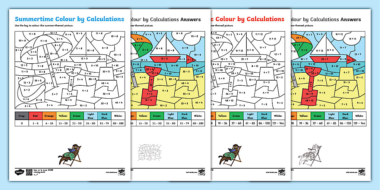 KS2 Summer-Themed Times Table Colour by Calculation Worksheets