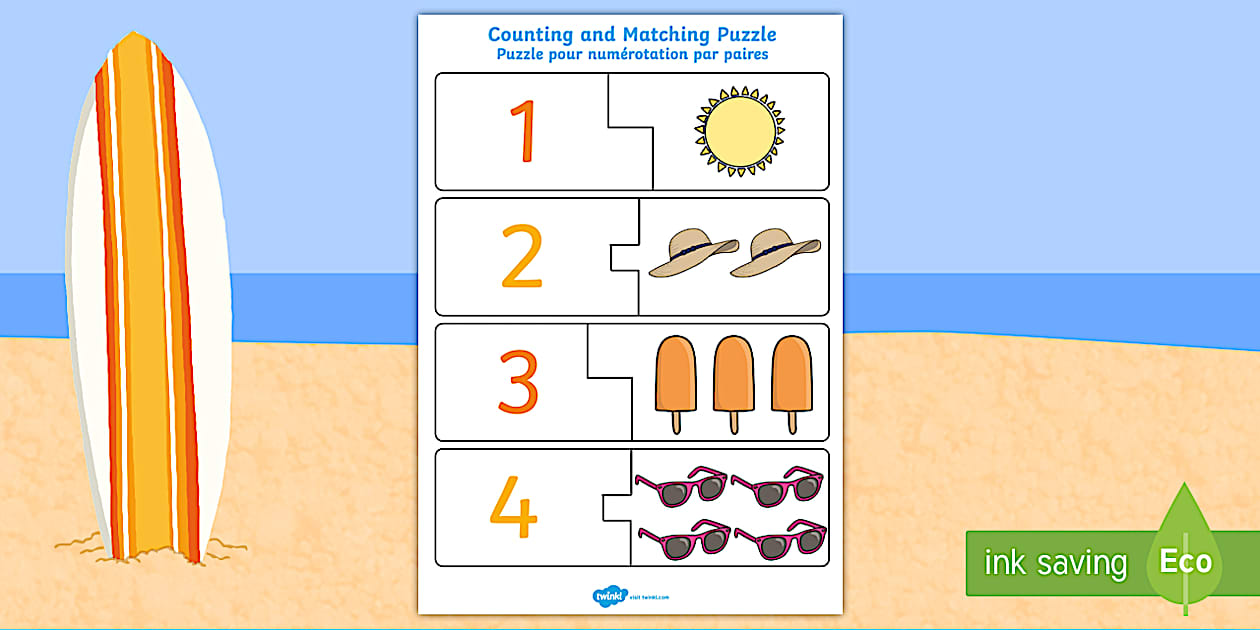 Summer Themed Counting Matching Puzzle English/French - Summer Themed ...