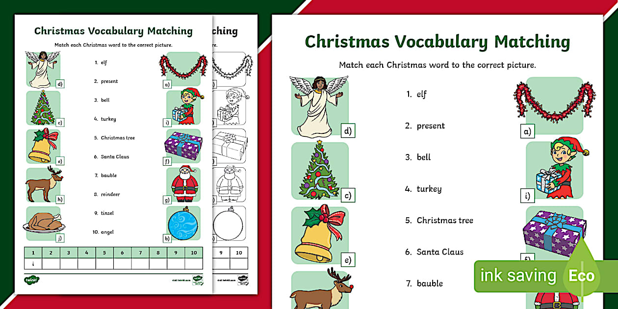 Christmas Vocabulary Matching Worksheet for learners of EAL