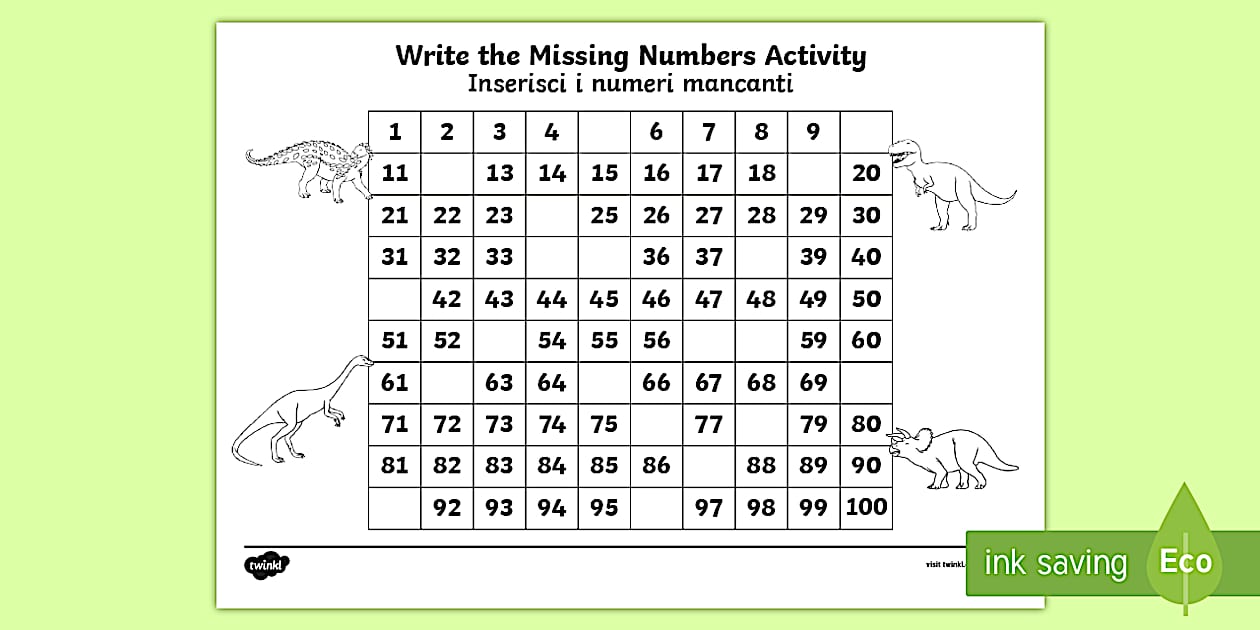 Dinosaur Themed Missing Numbers Number Square 1 100 English/Italian ...