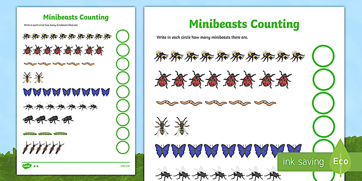 Minibeasts Counting Worksheet (Detailed Version) - Twinkl
