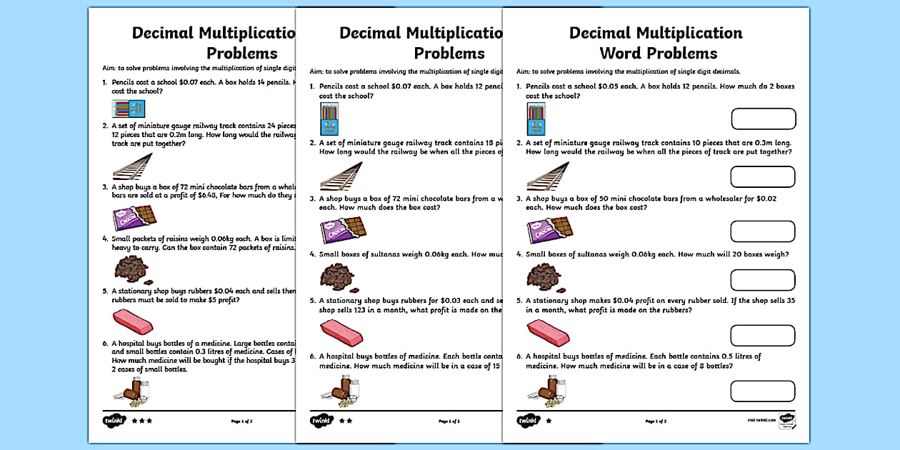 Lower Ability Multiply Single Digit Decimals Word Problems Worksheet