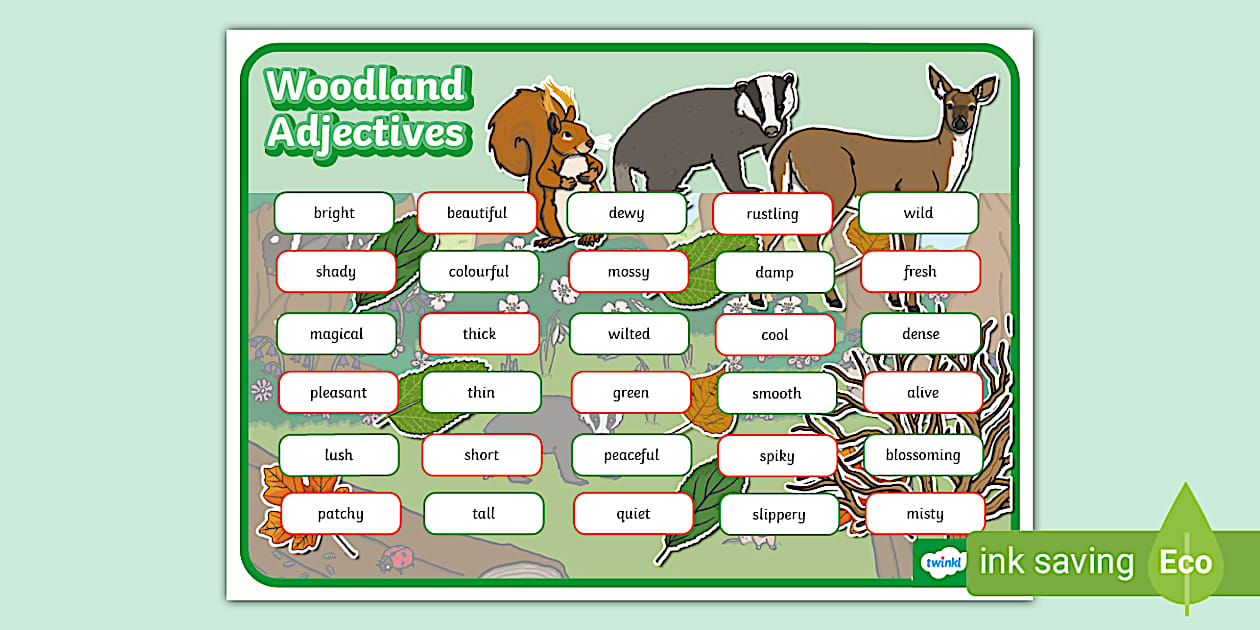Woodland Adjectives Word Mat (teacher made) - Twinkl