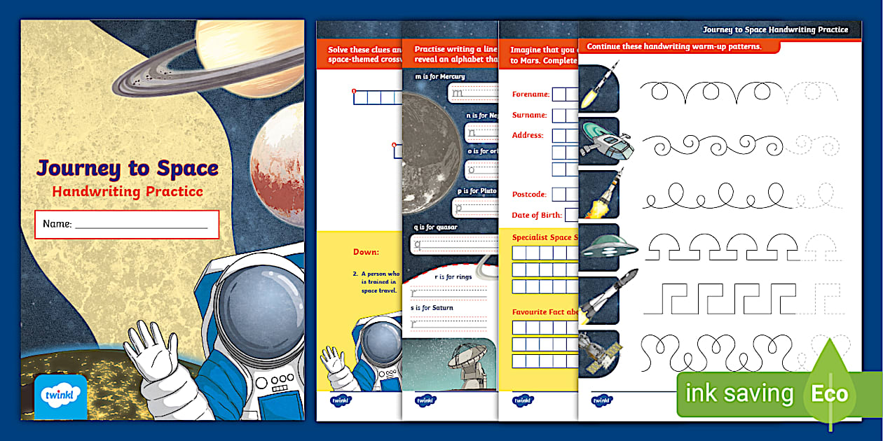 Black and White KS2 Journey to Space Handwriting Practice Booklet