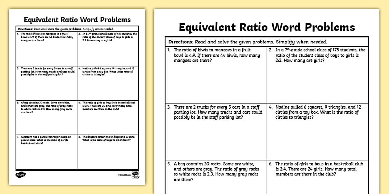 Seventh Grade Equivalent Ratio Word Problems (teacher made)
