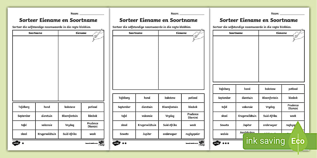 Eienaam And Soortnaam Examples - Foundation Phase Afrikaans