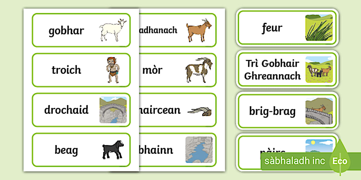 Na Trì Gobhair Ghreannach – Cairtean-facail - Twinkl