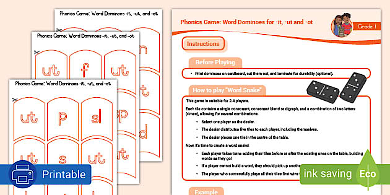 Grade 1 Phonics: Word Dominoes for -it, -ut and -ot