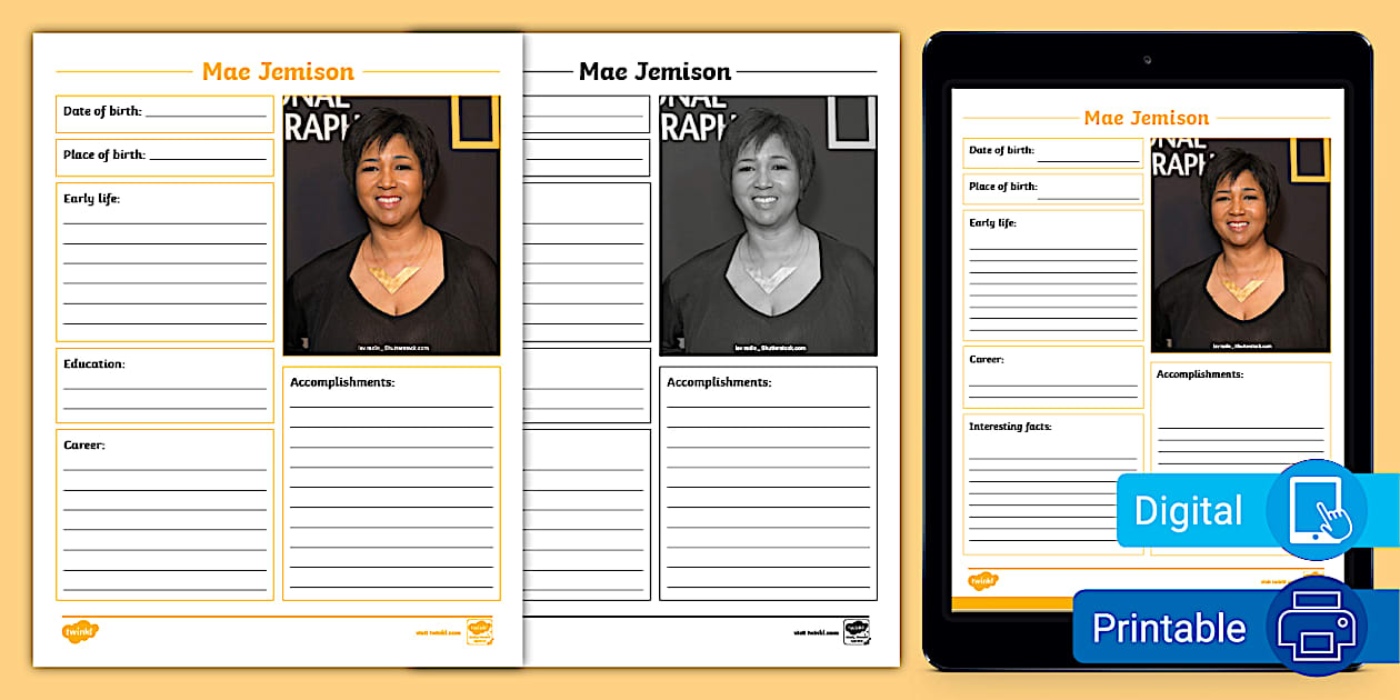 All About Mae Jemison Research and Write Worksheet - Twinkl