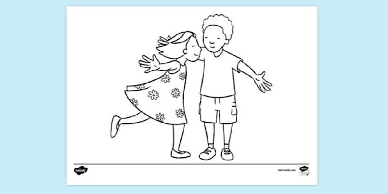 Children About To Hug Colouring Sheet | Colouring Pages