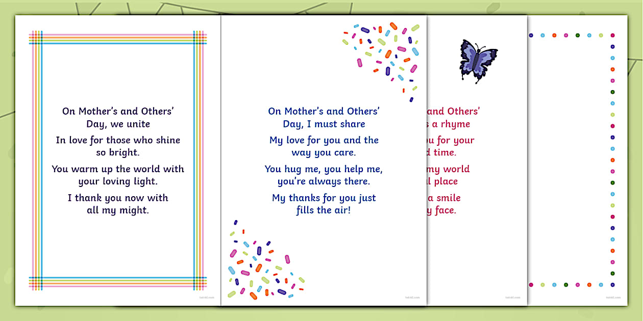Mother's and Others' Day Rhyming Greetings Card Inserts