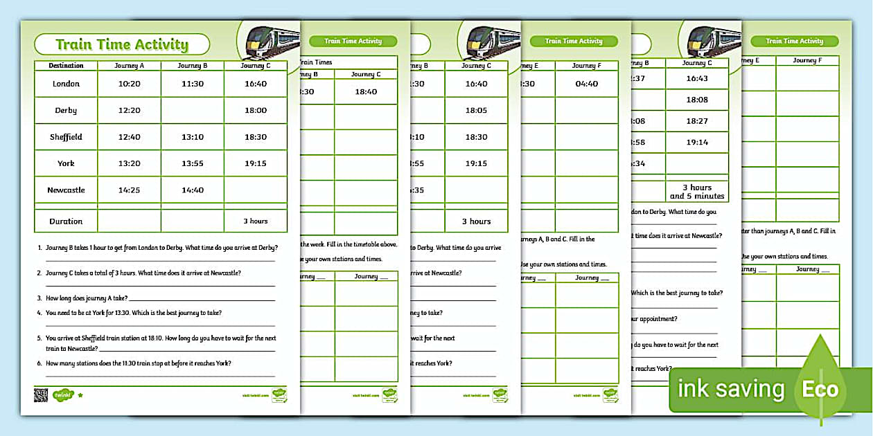 Train Timetabled Worksheets - Reading Timetables KS2/Year 6