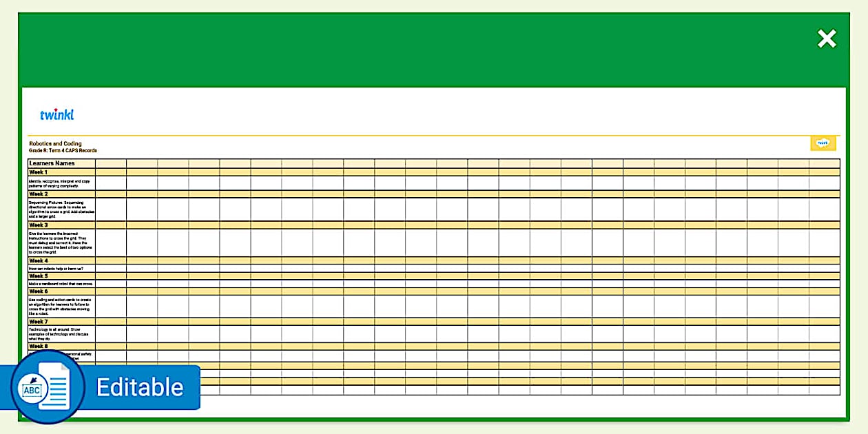 Week-by-week Assessment Records Grade R Term 4 - Twinkl
