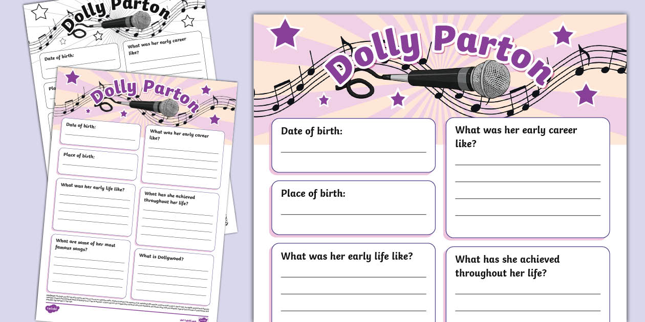 KS1 Dolly Parton Fact File Template (teacher made) - Twinkl