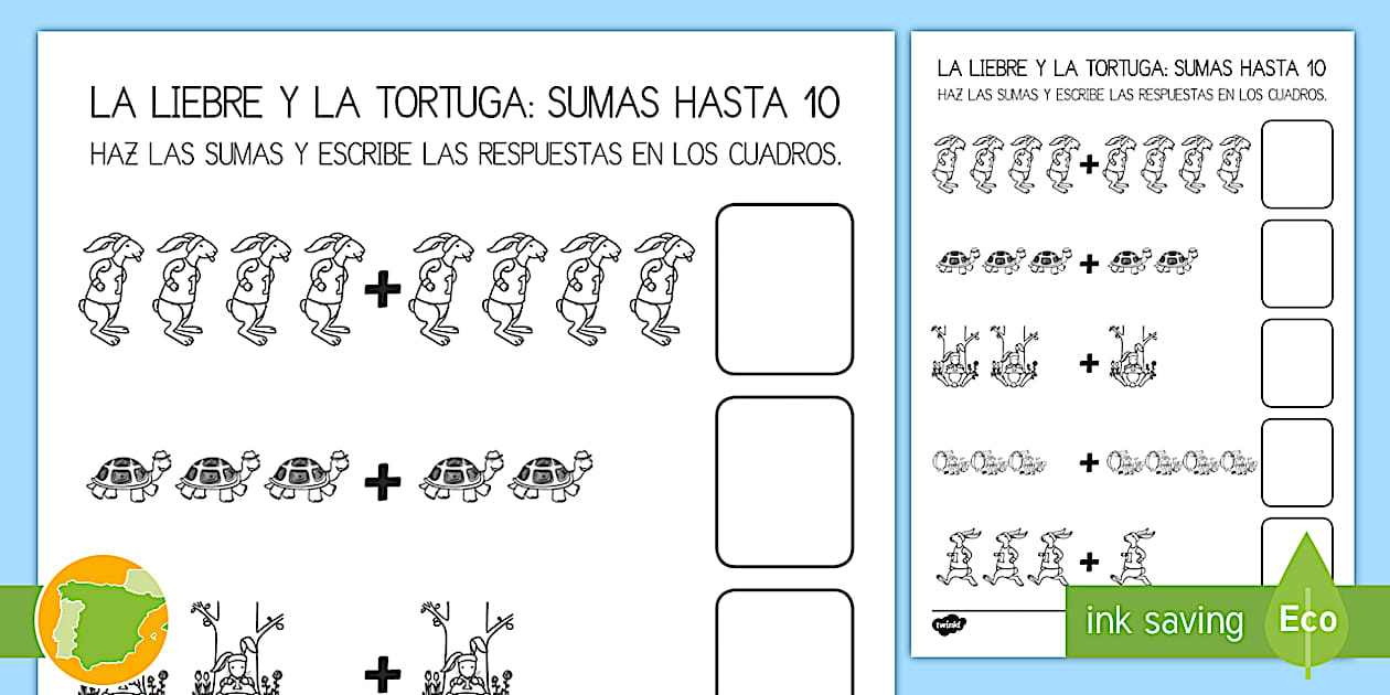 Ficha de actividad: Sumar hasta 10 | La liebre y la tortuga