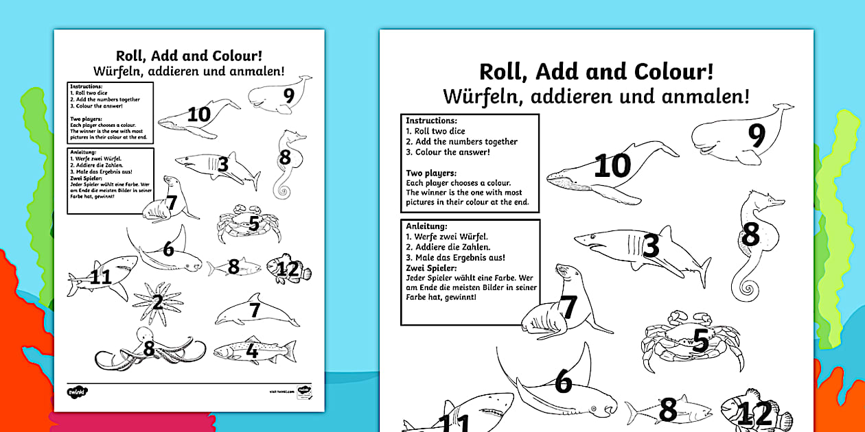 Under the Sea Roll and Colour Worksheet English/German - EAL, German, Under