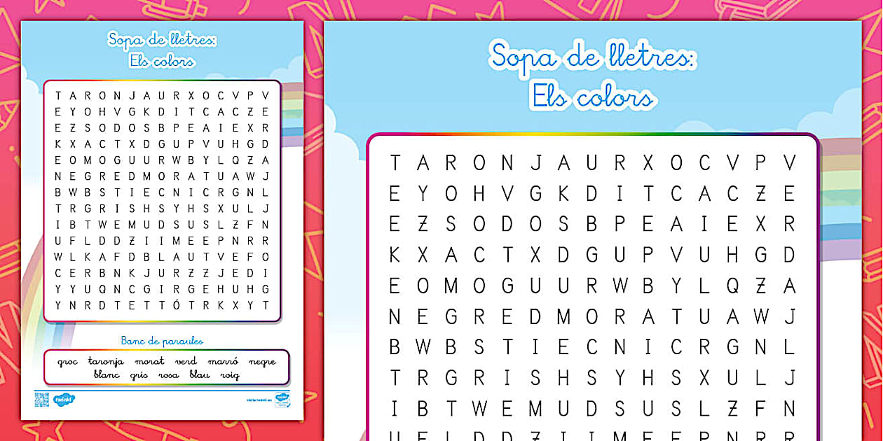 Sopa de lletres: Els colors - Valencià - Twinkl