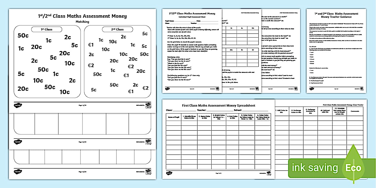 1st/2nd Class Maths Assessment Money (teacher made) - Twinkl