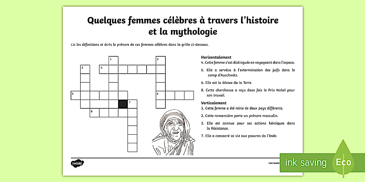 Mots croisés : Quelques femmes célèbres - La fête des mères