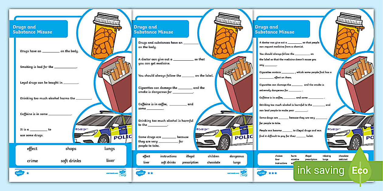 Editable Drugs and Substance Misuse Fill in the Blanks Worksheet