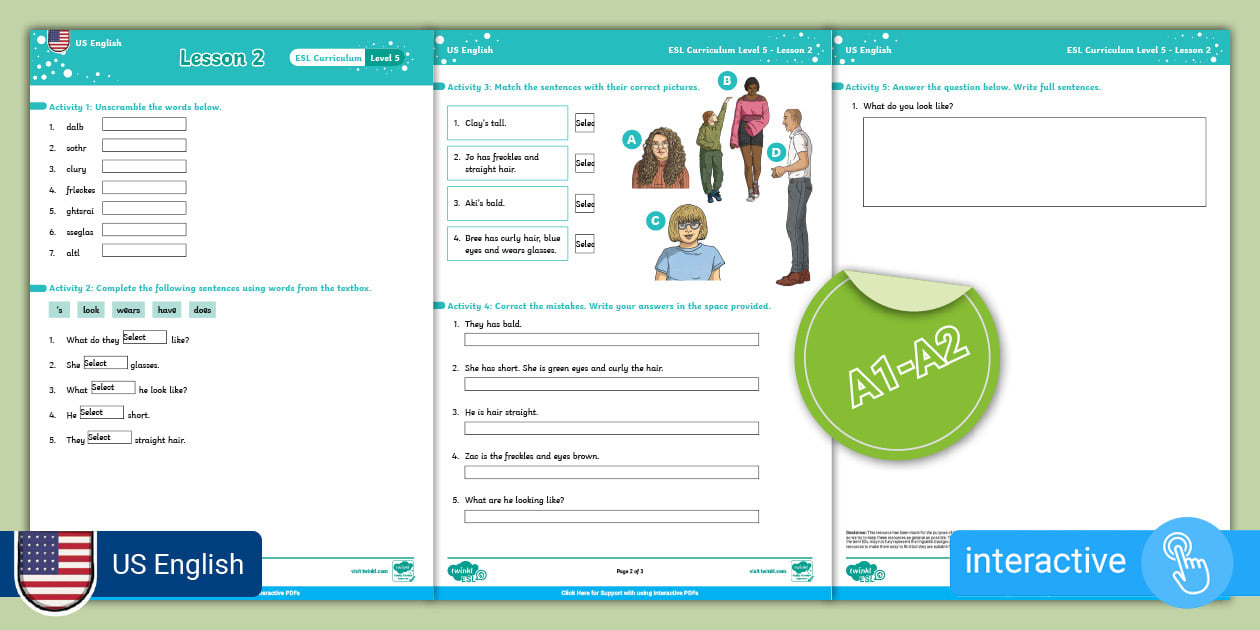 ESL Curriculum Level 5 Lesson 2 Activity Sheet - Twinkl
