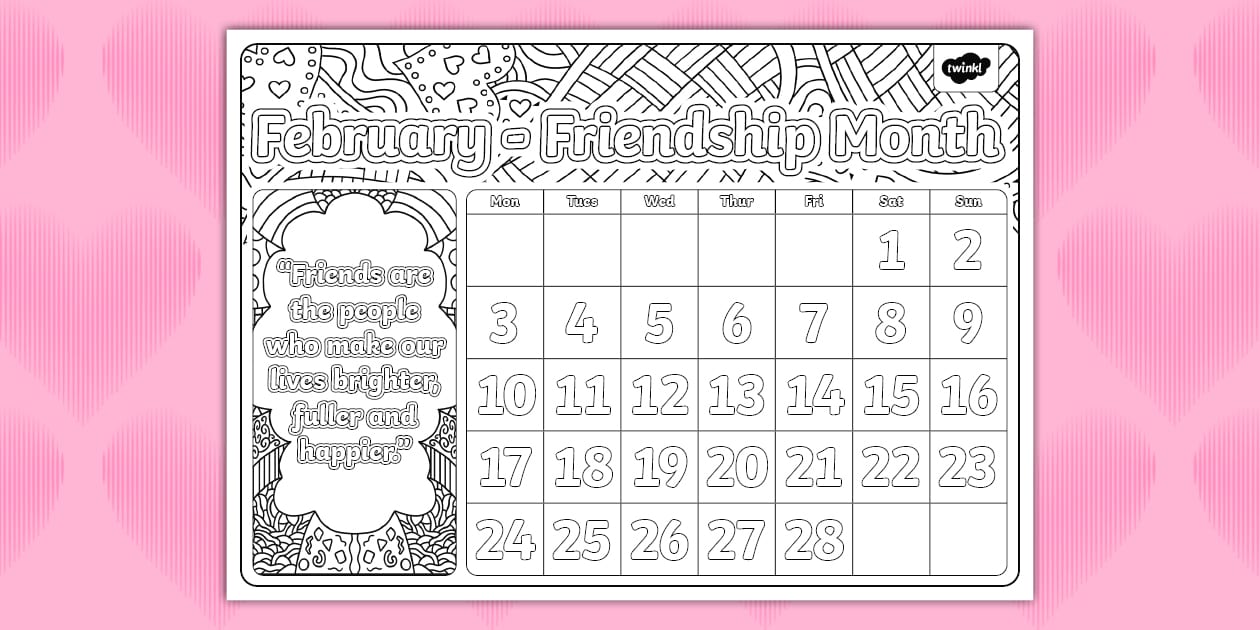 February Friendship Colouring Calendar Activity - Twinkl