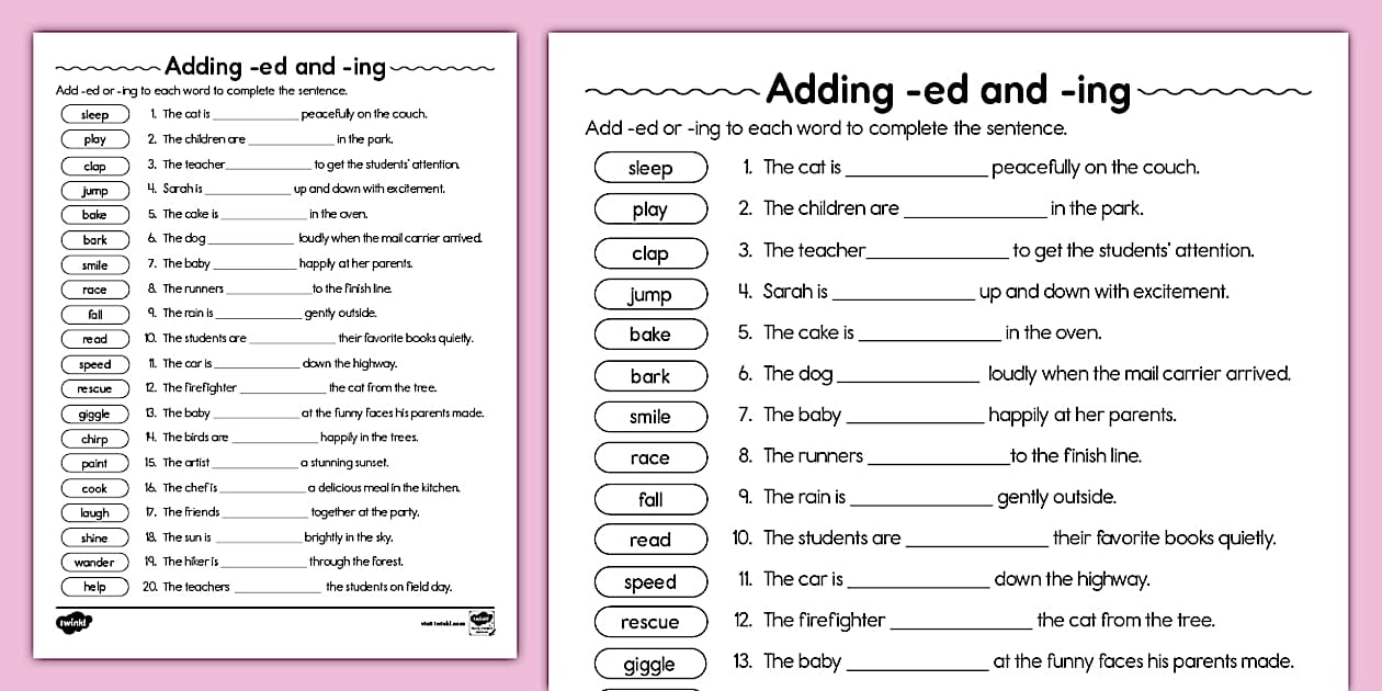 -ed or -ing Ending Worksheet for 1st-2nd Grade - Twinkl