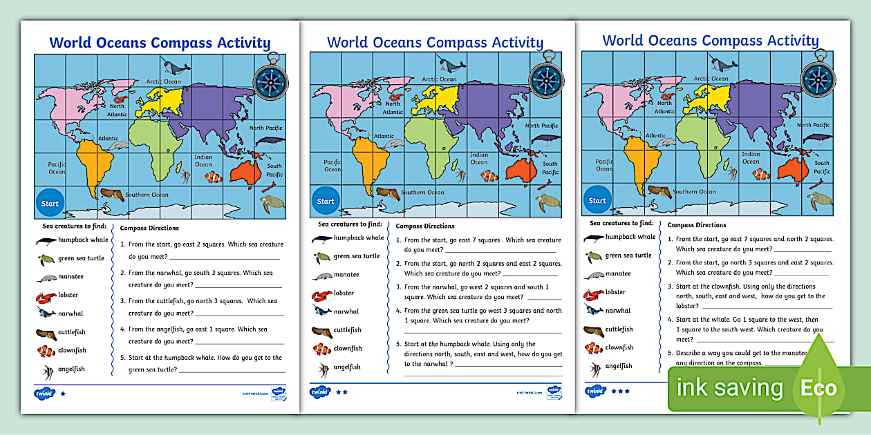 Editable World Ocean Day Compass Points Activity - Twinkl