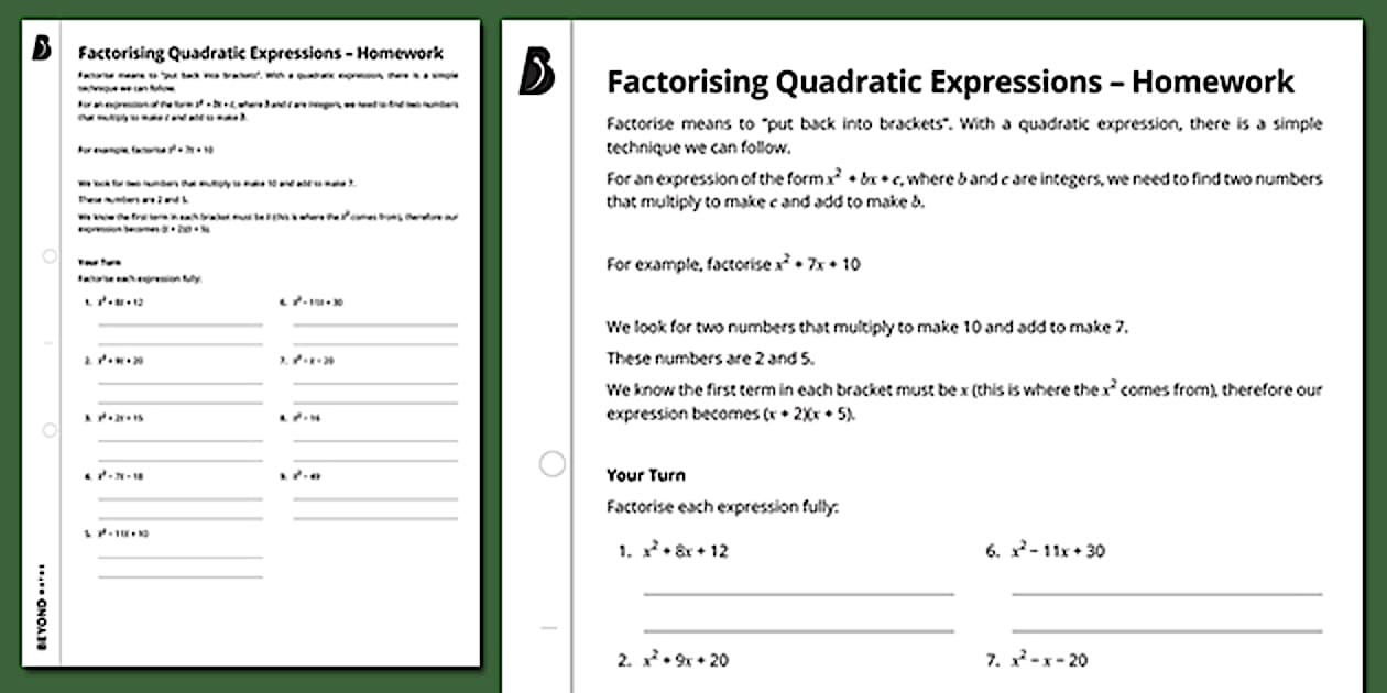 👉 Factorising Quadratic Expressions Homework | KS4 Maths
