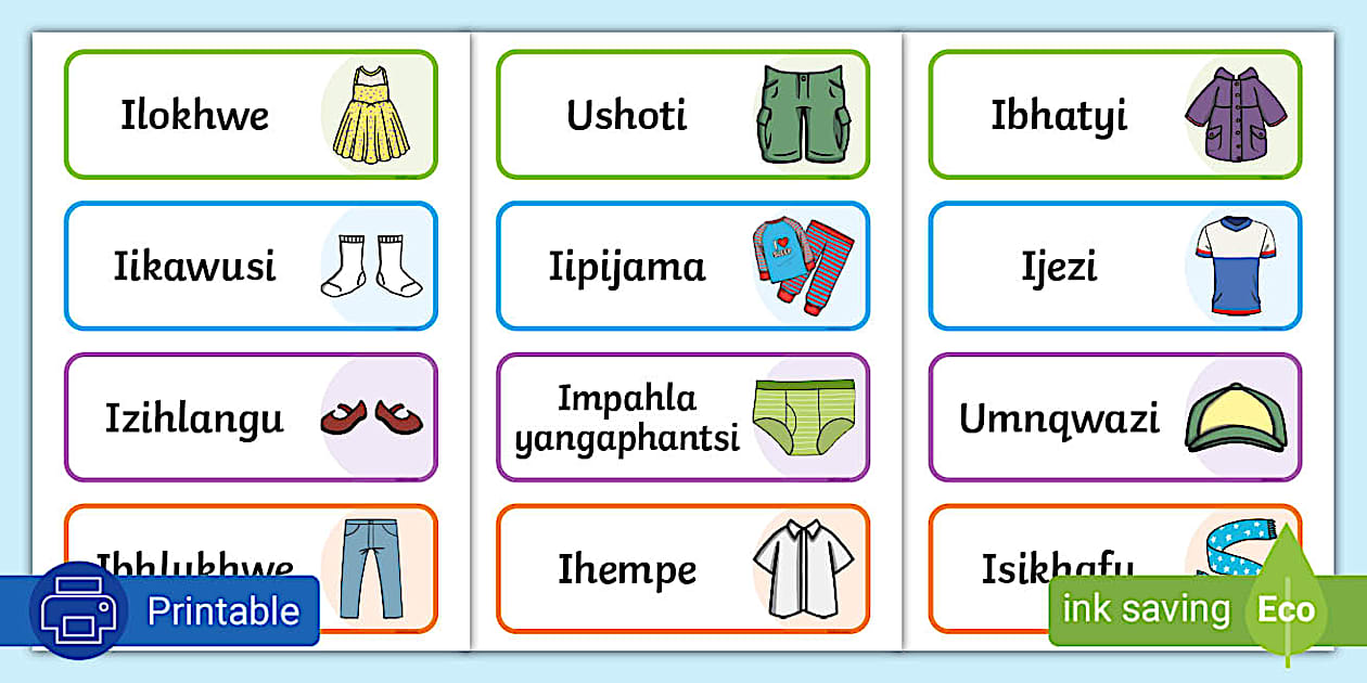 isiXhosa Clothes Word Cards - Iimpahla amakhadi - Twinkl