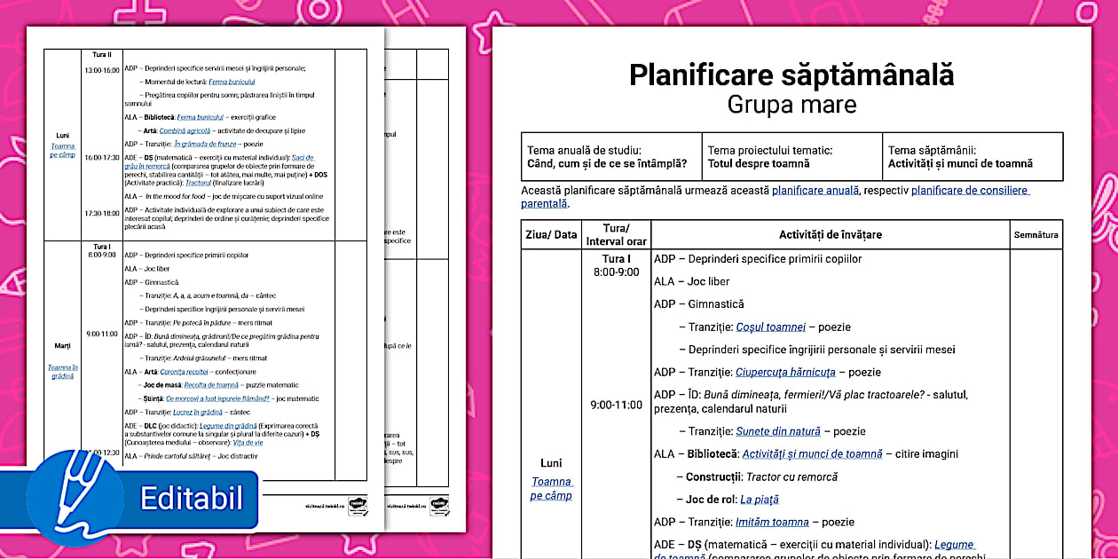 Activități și munci de toamnă – Planificare grupa mare