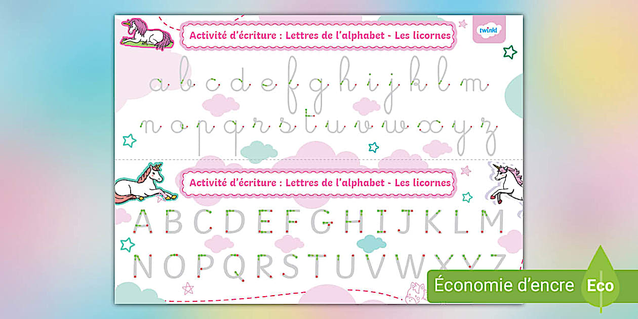 Activité d'écriture : Lettres de l'alphabet - Les licornes